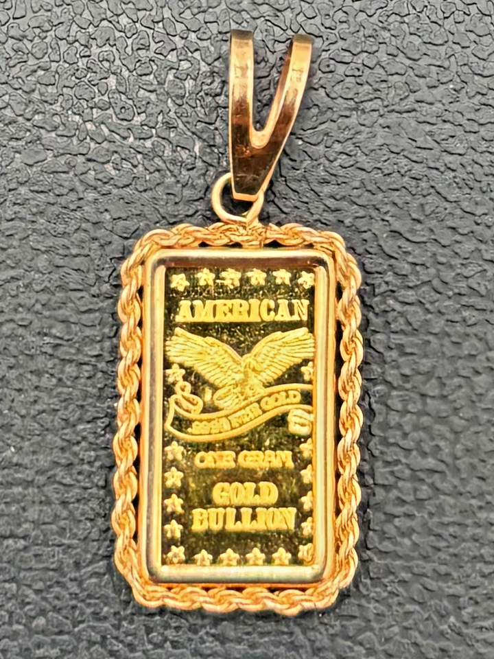 Vintage 1 Gram .9999 American Gold Bullion Bar 14kt Gold Rope Bezel w ...