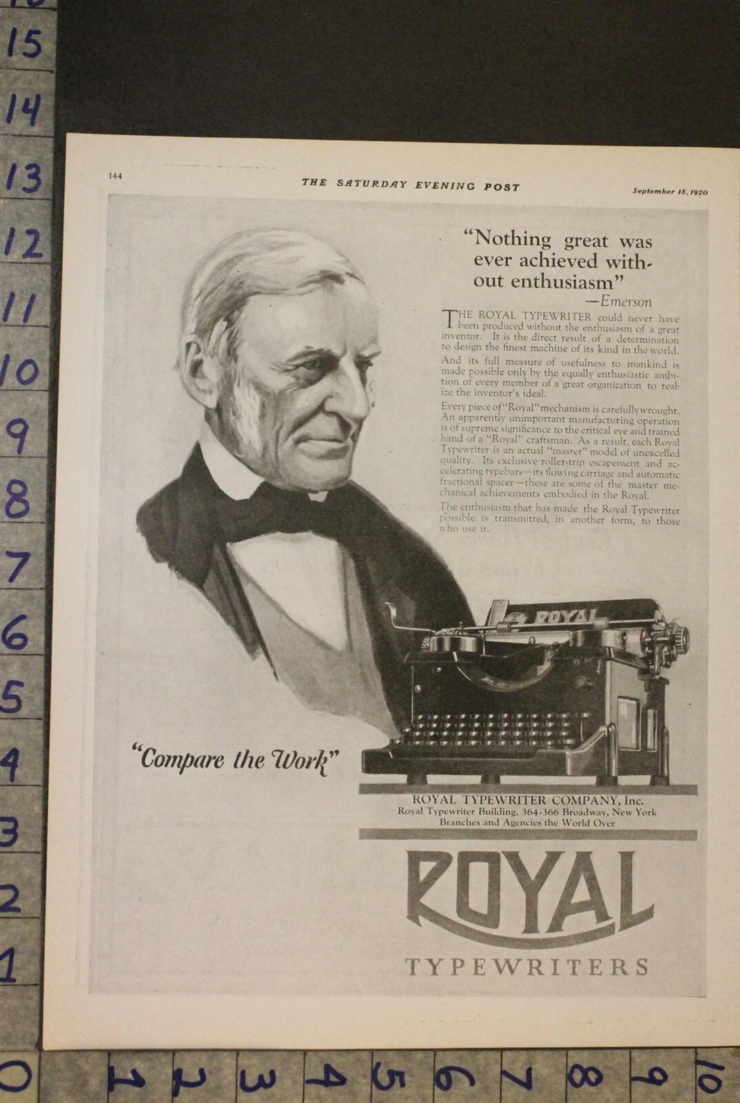 1920 ROYAL TYPEWRITER RALPH WALDO EMERSON AUTHOR POET OFFICE BUSINESS ...
