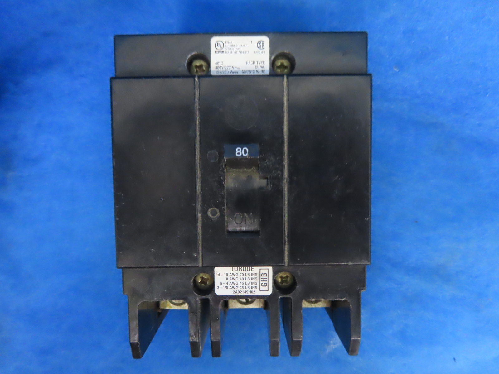 CUTLER HAMMER CIRCUIT BREAKER GHB3080 80A 480/277V 3P TYPE GHB 2YEAR ...