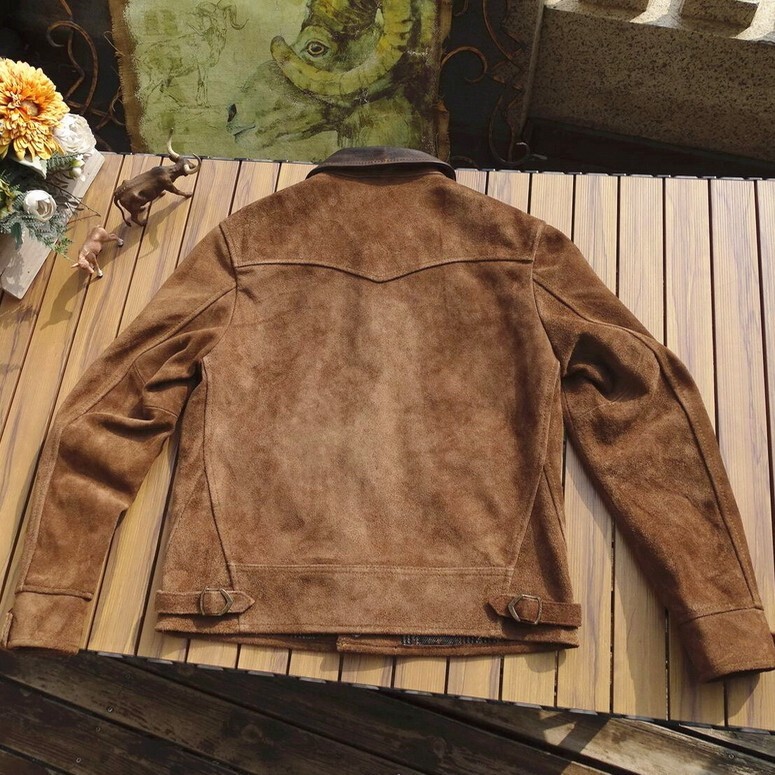 Mens Slim Vintage Style Casual American Wild West Jacket Suede Cowhide ...