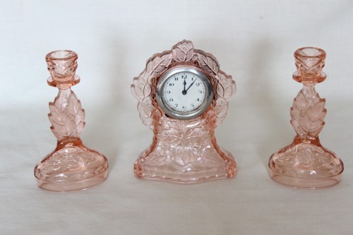 Art Deco Pink Glass 'Waltraut' Clock and Candle Stick Set by Walther ...