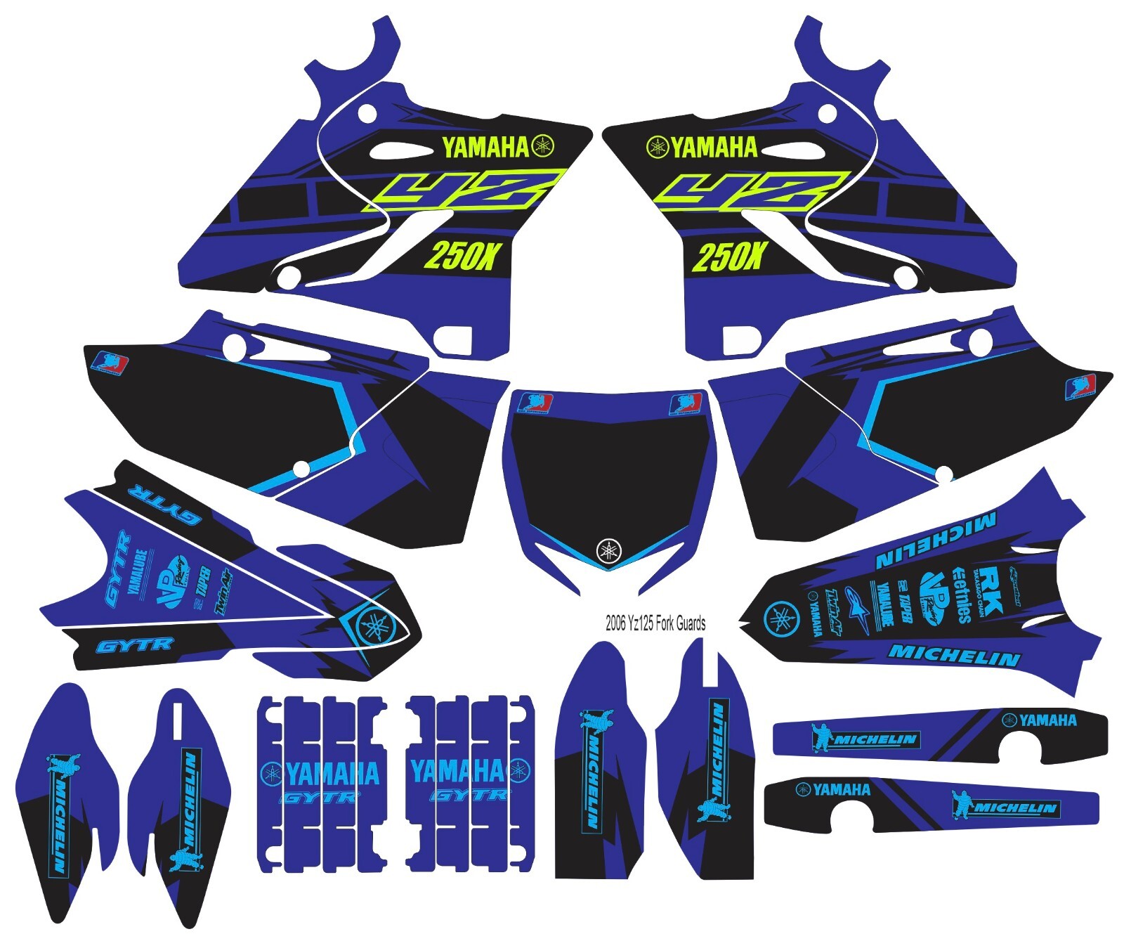 Graphics for YZ 250X YZ250X 2021 Blue and Highlighter yellow Decals ...
