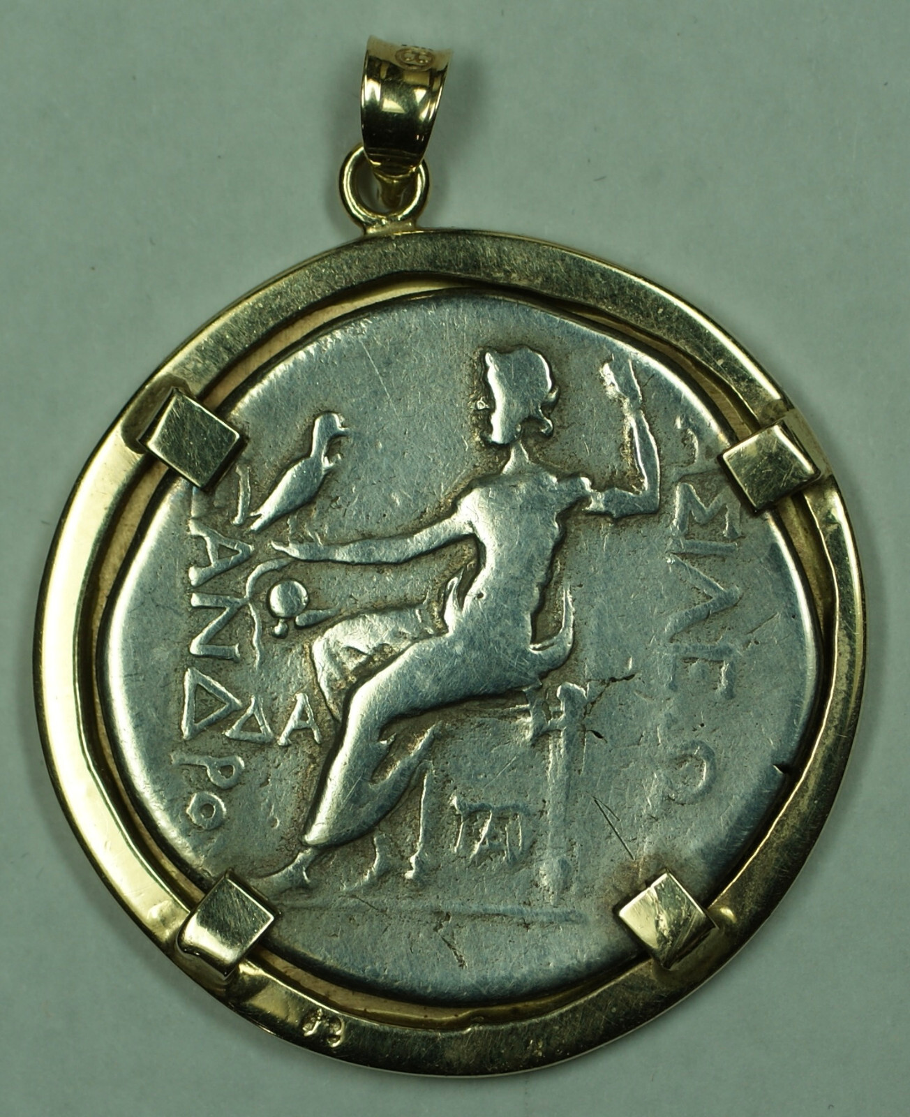 Ancient Greek Silver Coin Set in 14K Yellow Gold Beze… - Gem