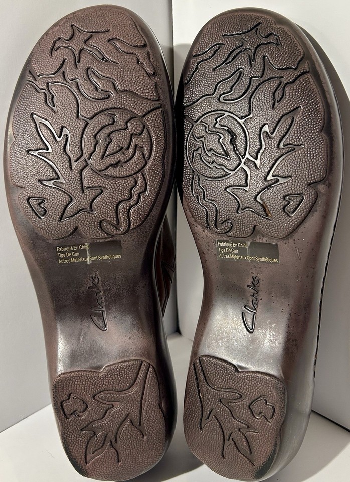 Ladies 11M Leather Shoes by Clark Slip On Clogs In Brown - 2 Inch Heel ...