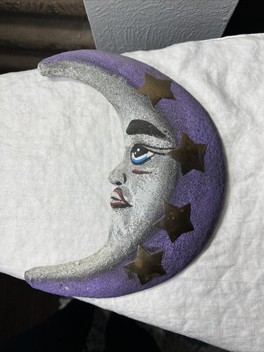 Hand Painted Plaster Cast? Purple Crescent Moon Face With Inlaid Brass ...