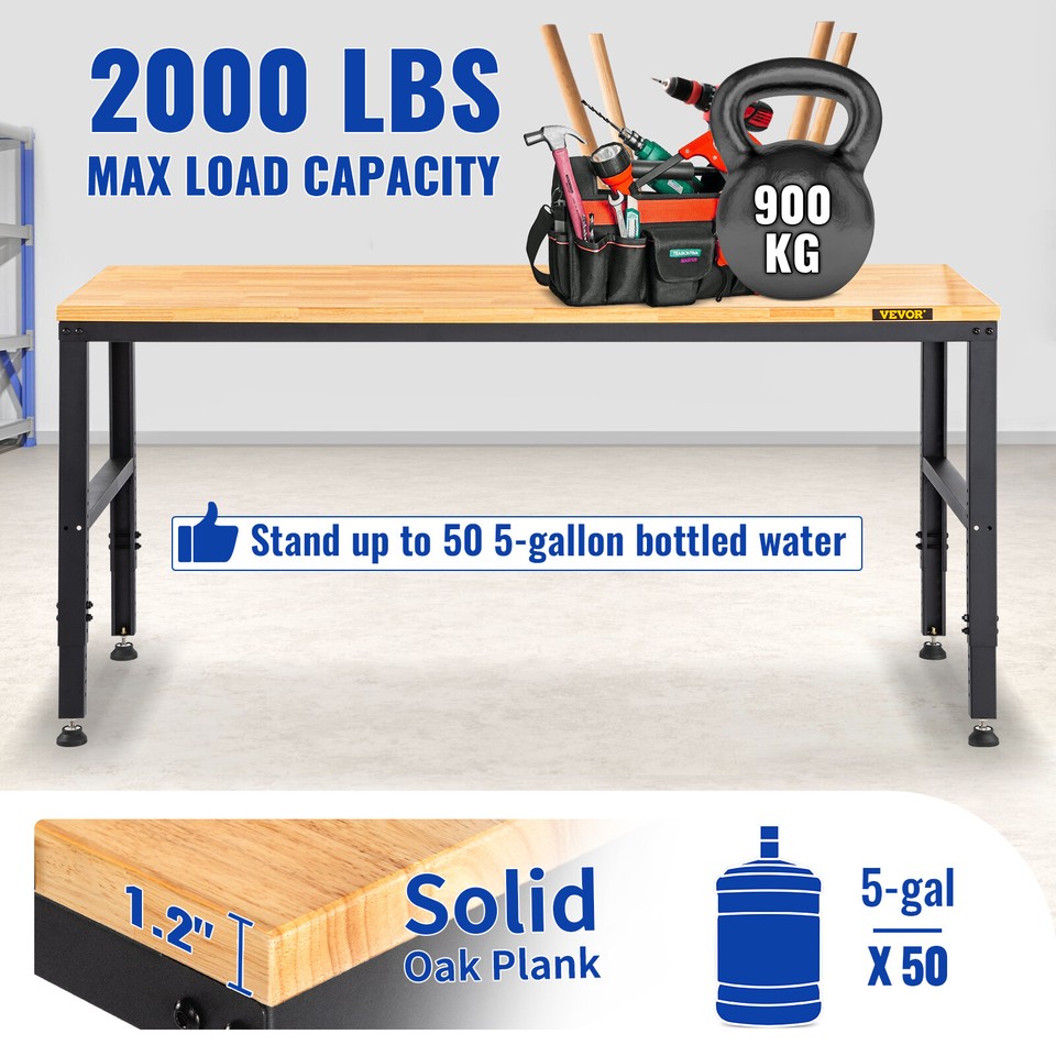 Adjustable Height Workbench 61"L x 20"W Work Bench Table w/ Power ...