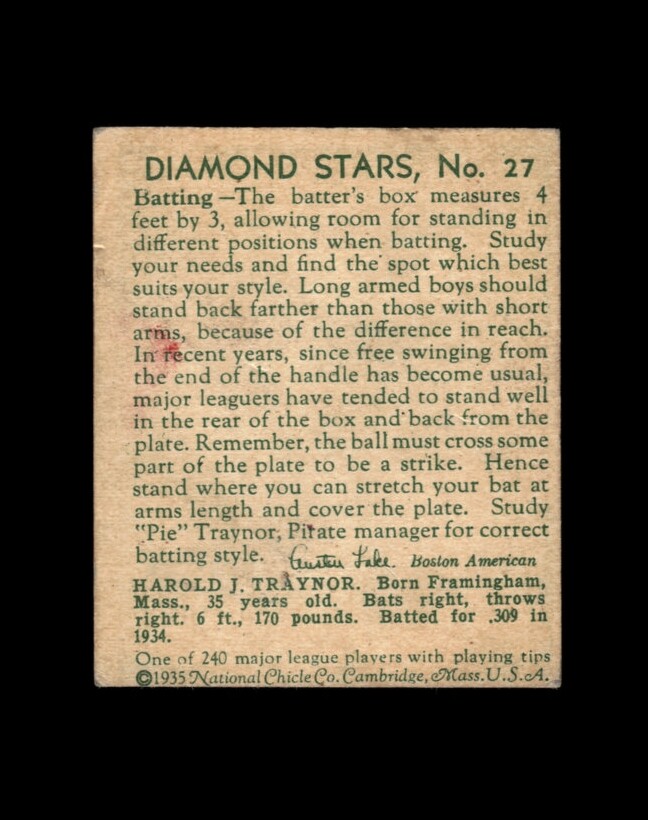 1934-36 Diamond Stars Set-Break # 27 - Pie Traynor VG-VGEX (marked ...