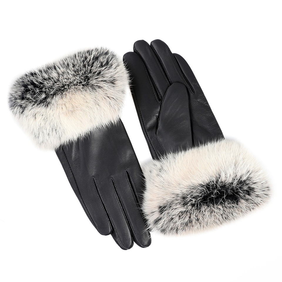 Women's Genuine Leather Gloves Rabbit Fur Trim Cuff Velvet Lined Winter ...