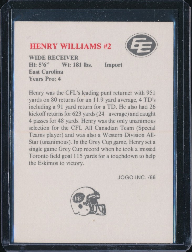 1988 Jogo League CFL #45 Henry Gizmo Williams Rookie Edmonton - East ...