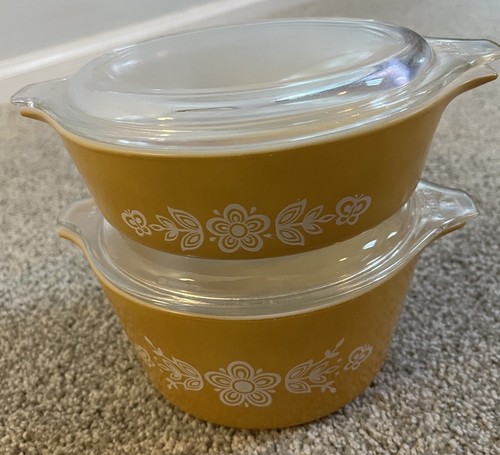 2 Vintage Pyrex Dishes w/lids-Butterfly Gold-1 pt. No. 471--1 qt. No ...