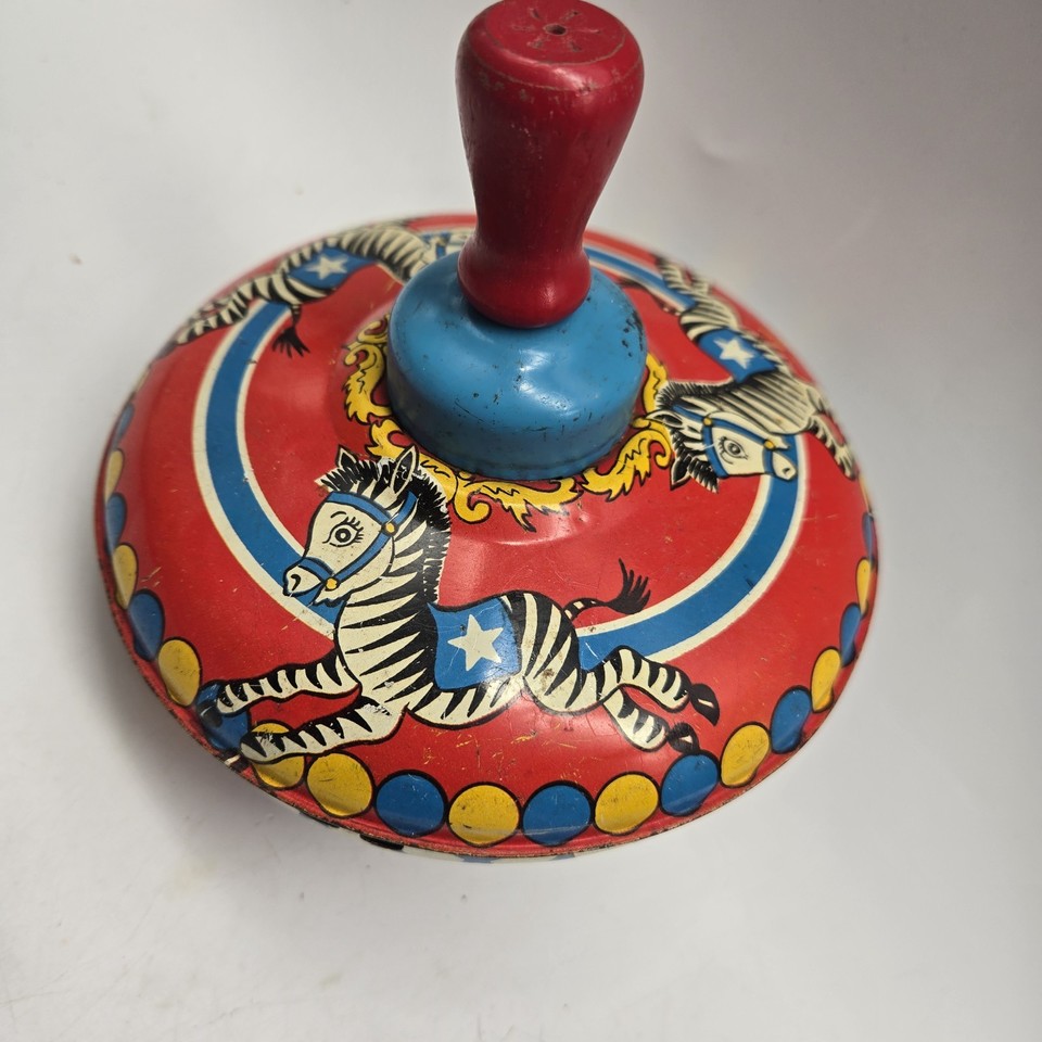 Vtg 1940-50s Ohio Art Co Zebra Tin Litho Spinning Toy Top Red Wood ...