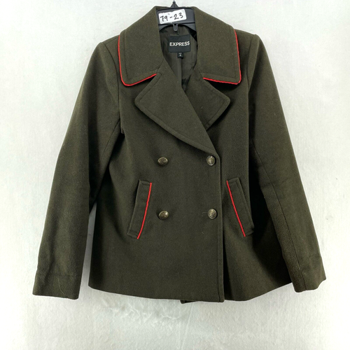 Express Pea Coat Womens XS Olive Green Military Double Breasted Lined ...
