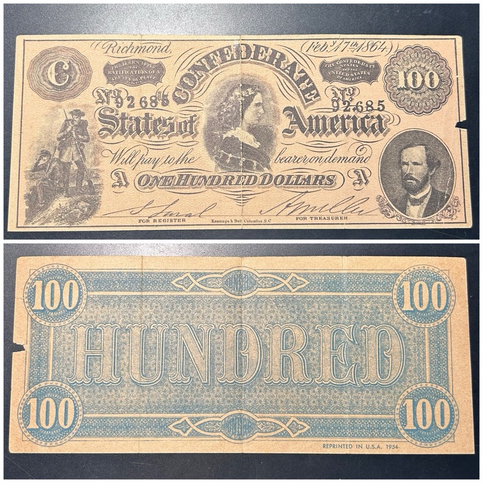 1864 Confederate State Of America $100 Dollar Note Currency ...