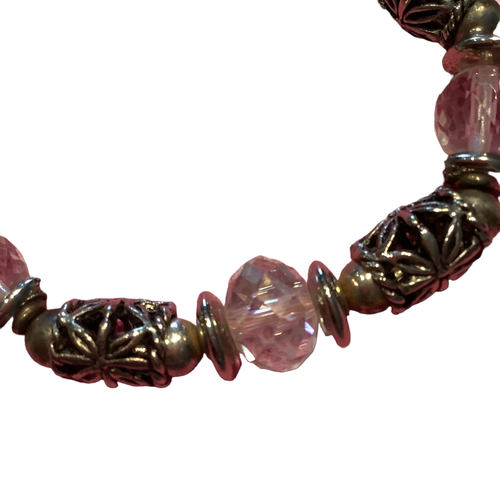 Silver Tone Filigree Barrel Link & Pink Crystal Bead Bracelet 7 ...