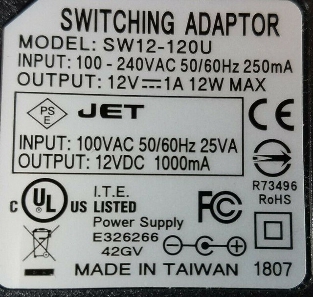Original JET ITE Swicthing Adapter Sw12-120u Power Supply 12v 1a for ...