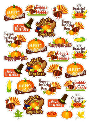 1"- 2 1/4" CUTE FALL THANKSGIVING PUMPKIN TURKEY SAYINGS STICKERS USA ...