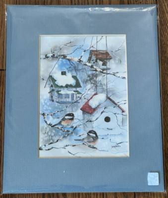 Jean Haefele Birds in Winter Birdhouses Chickadees Christmas Blue Matte ...
