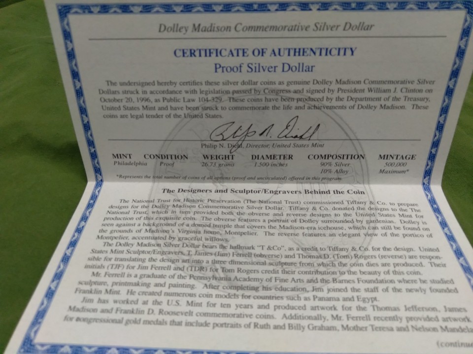 Dolly Madison Proof Silver Coin - Original Government Packaging | eBay