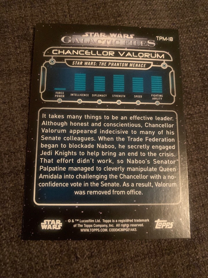2017 STAR WARS GALACTIC FILES REBORN Chancellor Valorum Republic Leader ...