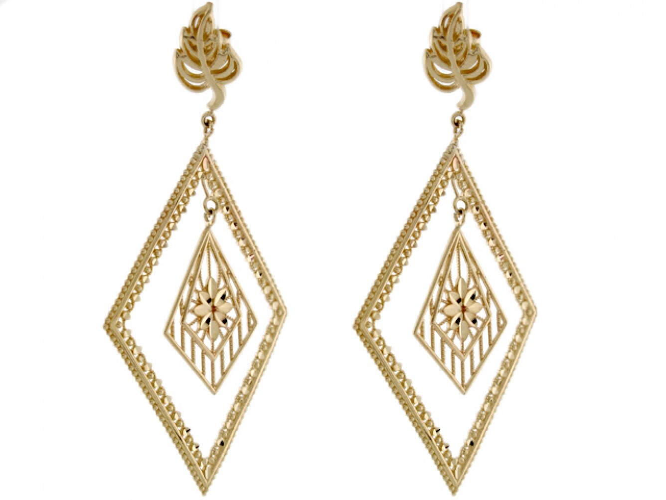 10k or 14k Real Yellow Gold Diamond Cut Leaf Flower Beautiful Dangle ...