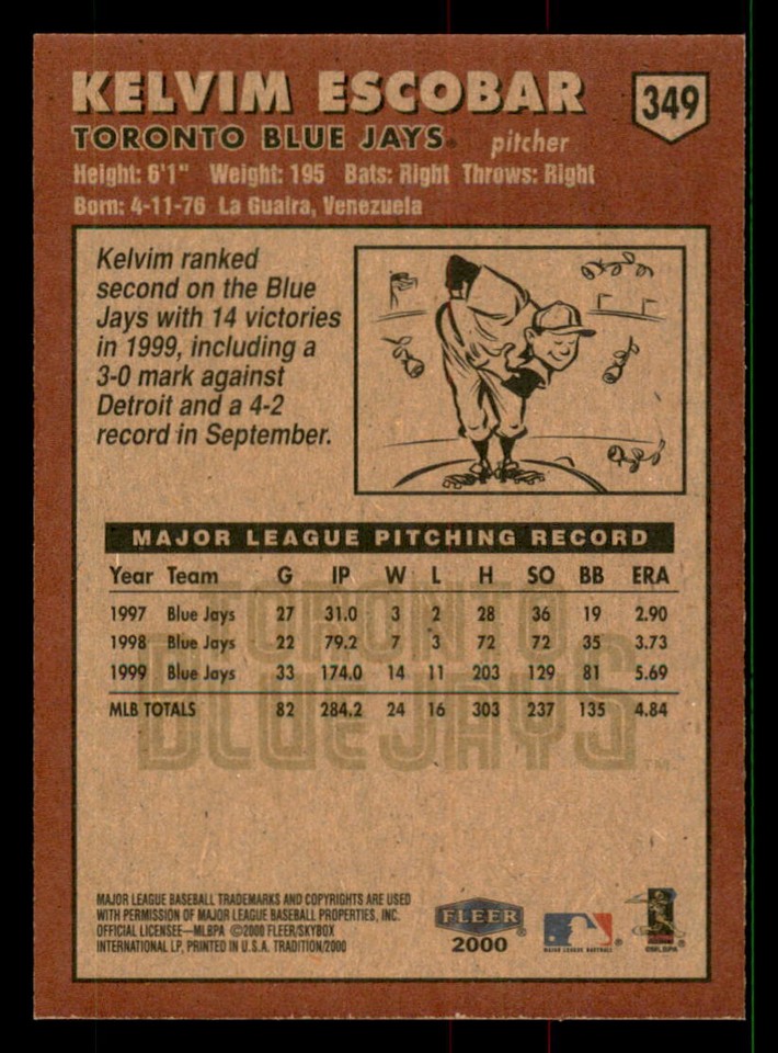2000 Fleer Tradition #349 Kelvim Escobar Toronto Blue Jays | eBay