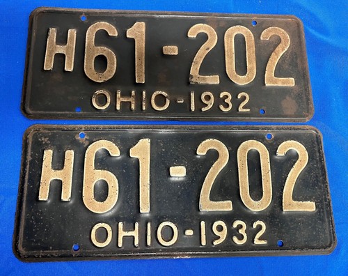 VTG Matched Pair of 1932 Ohio License Plates H61-202 100% Original Ford ...