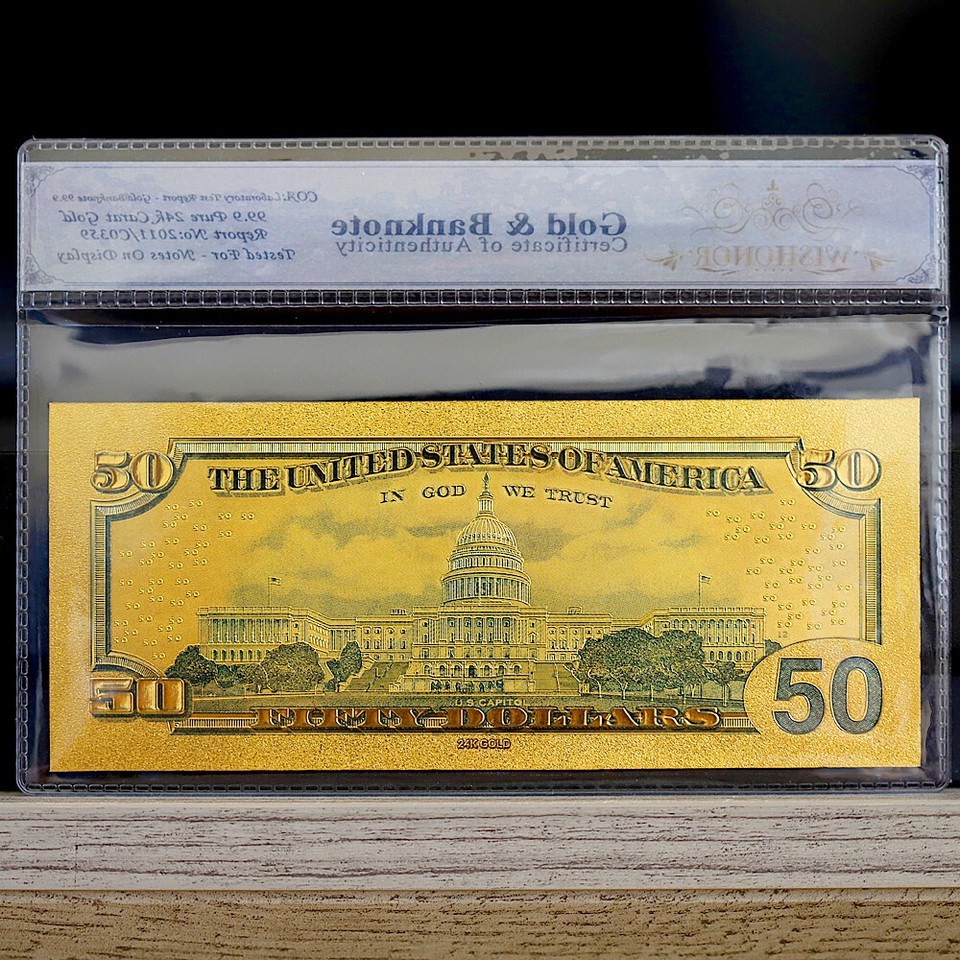 100mg 24K Gold 2009 $50 Dollar Bill Federal Reserve Banknote with White ...