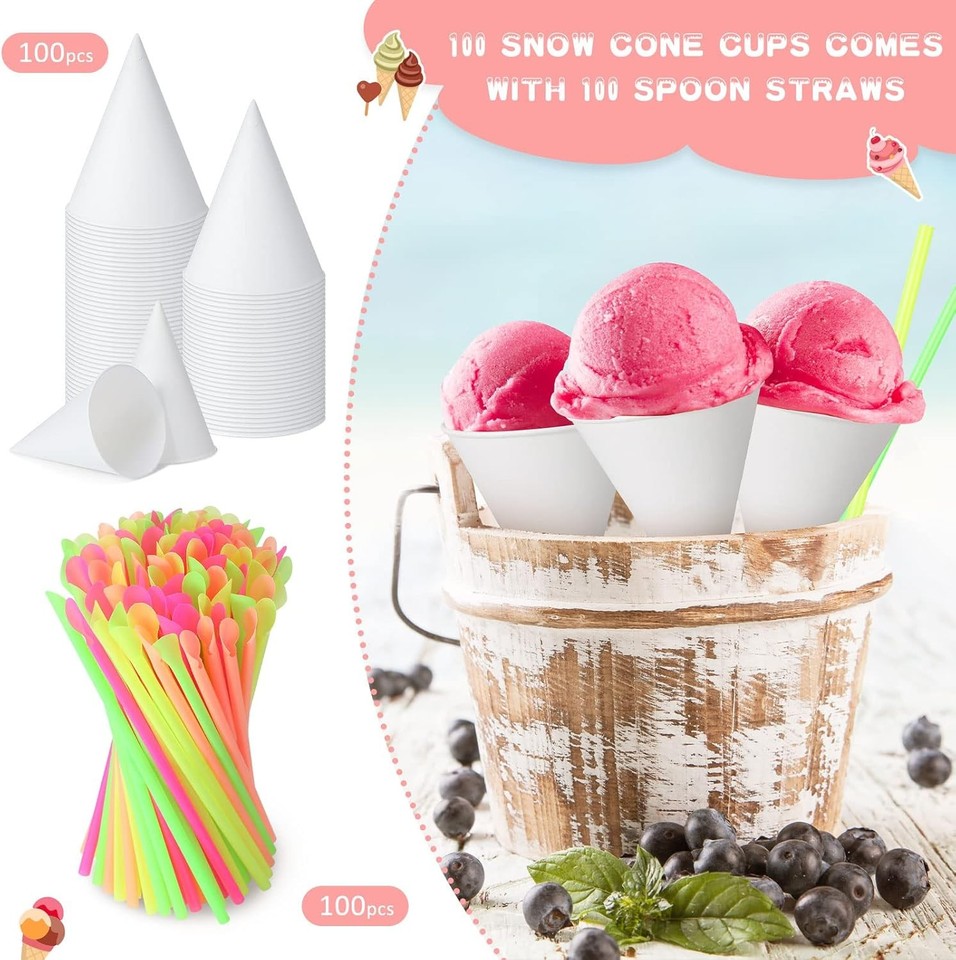 Eaasty 200 Snow Cone Paper Cups with Spoon Straws, 4.5oz, White ...
