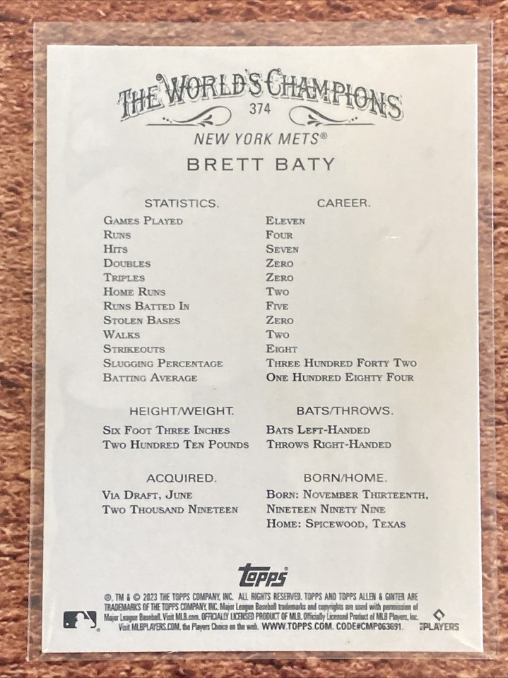 2023 Topps Allen & Ginter Brett Baty RC SP - #374 - New York Mets Rookie | eBay