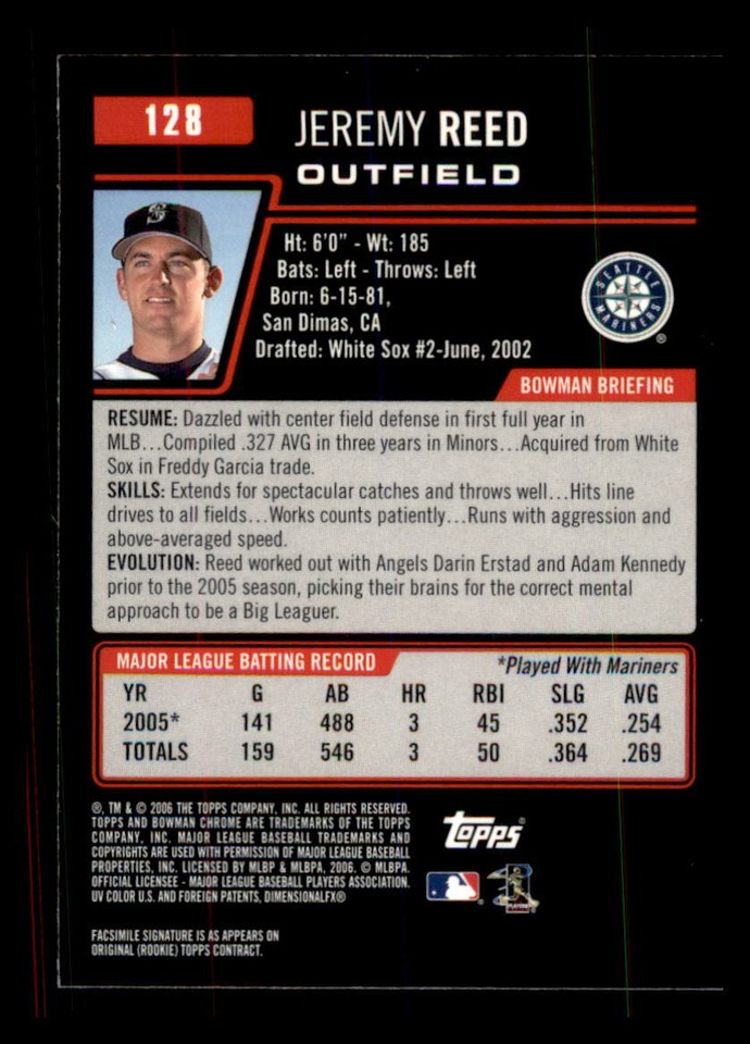 2006 Baseball Bowman Chrome Jeremy Reed Seattle Mariners #128 | eBay