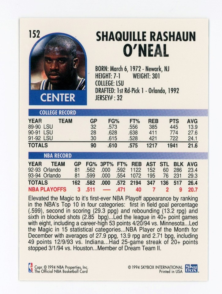 Shaquille O'Neal 1994 NBA Hoops (HOF) Orlando Magic #152 MINT | eBay