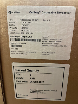 One GE Cytiva CellBag Disposable Bioreactor 5 to 25 Liters CB0050L722 ...