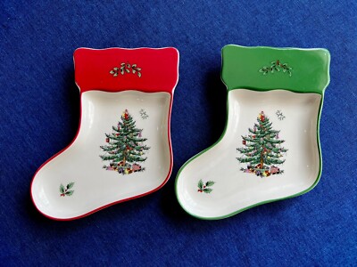 Spode Christmas Tree Stocking Candy Dishes 7" New Set Of 2 Green & Red ...