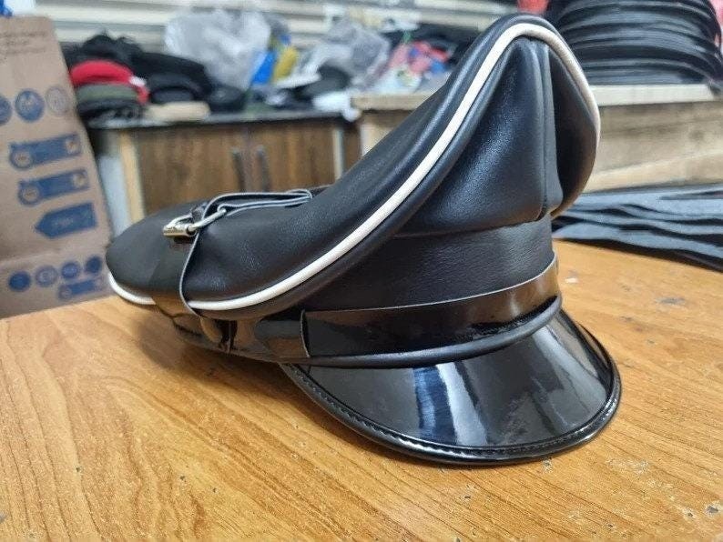 Black Soft Genuine Leather Muir Style Peaked Cap | Biker Officer ...