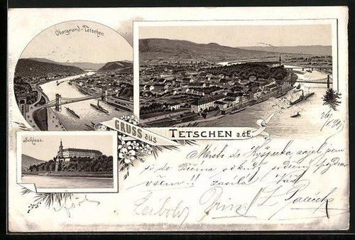 Lithographie Tetschen-Bodenbach / Decin, Schloss, Ortsansicht mit ...