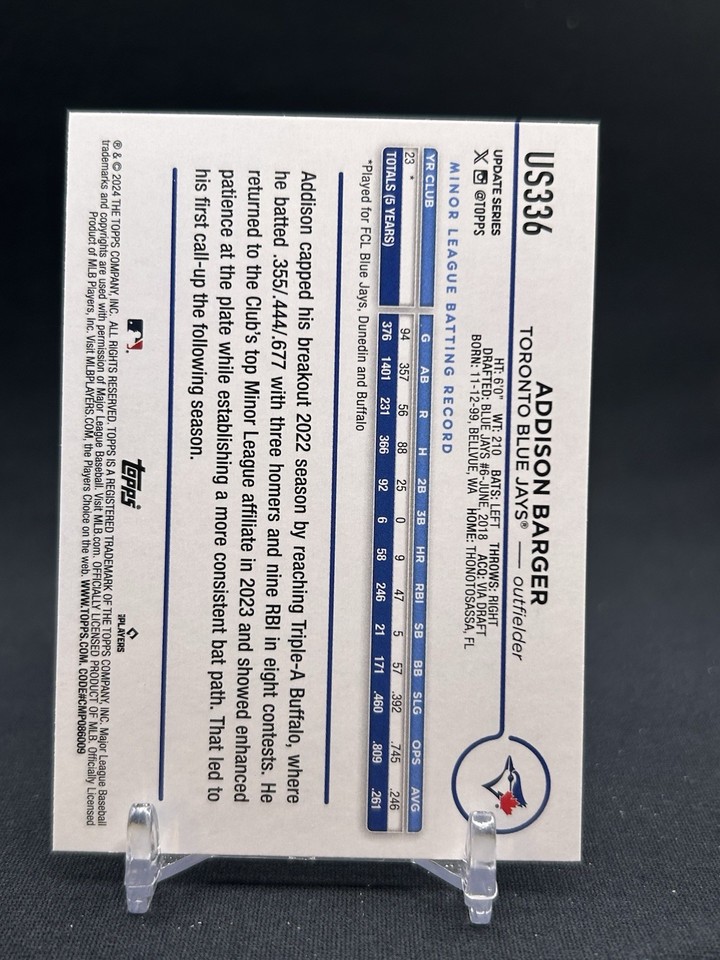 2024 Topps Update Addison Barger #US336 Rookie Card RC Toronto Blue ...