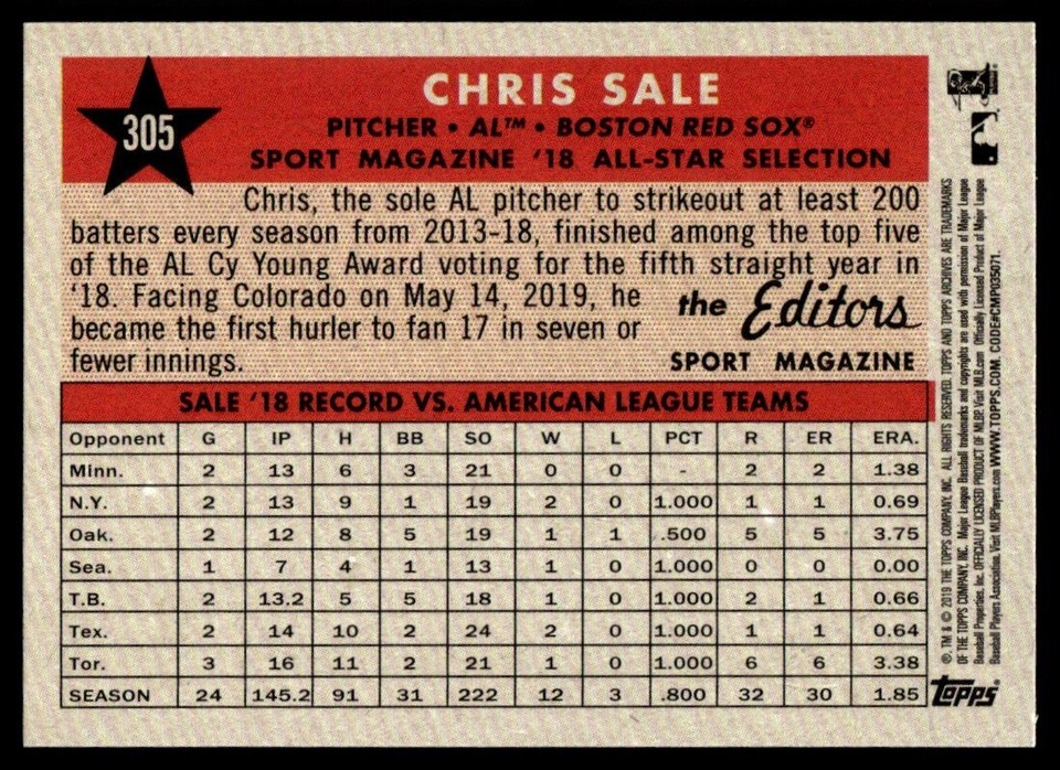 2019 Topps Archives CHRIS SALE #305 Boston Red Sox All Star SP | eBay