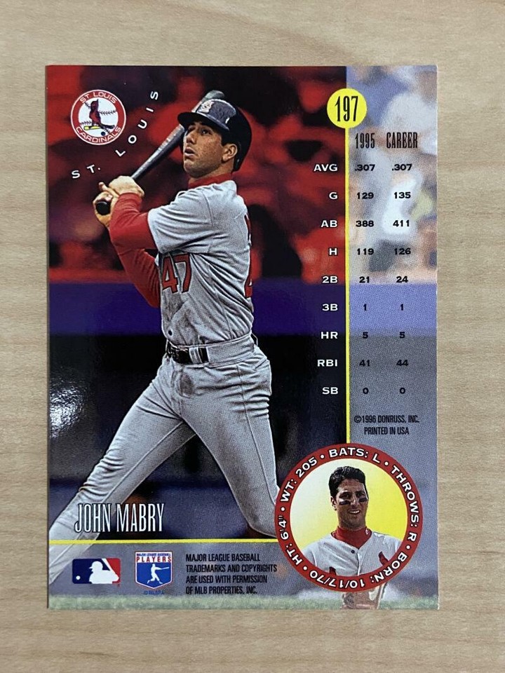 JOHN MABRY ST LOUIS CARDINALS SIGNED AUTOGRAPHED 1996 LEAF CARD #197 W ...
