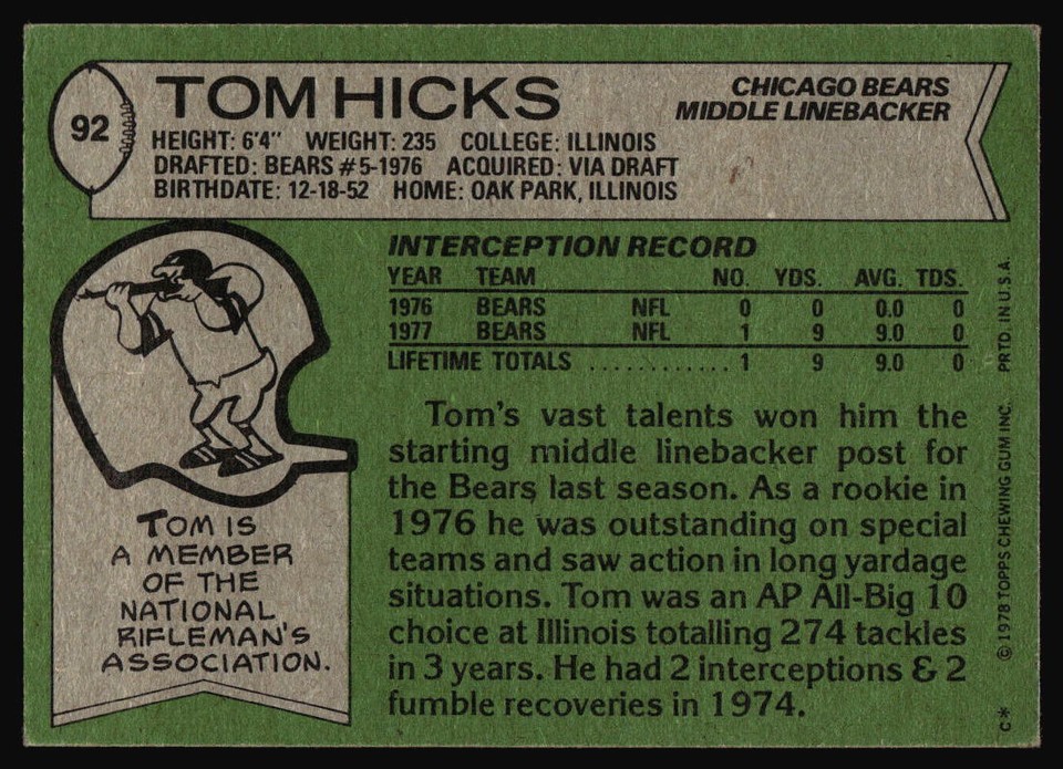 1978 Topps Tom Hicks Rookie #92 Chicago Bears L2 | eBay