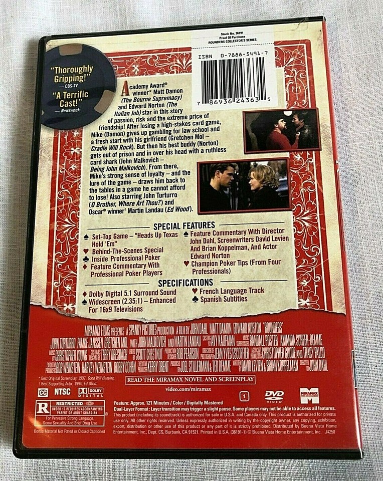 Rounders Starring Matt Damon and Edward Norton Suspense Drama 2004 DVD ...