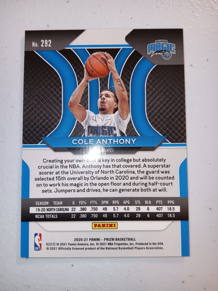 2020-21 Panini Prizm Cole Anthony RC #292 Orlando Magic Base Rookie ...
