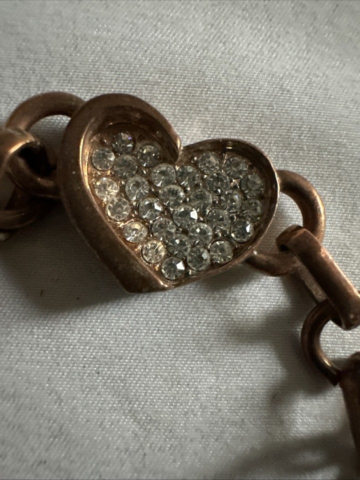 Vintage copper heart charm Link bracelet Rhinestone 7.5” | eBay