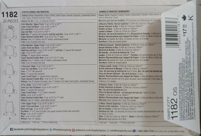 Simplicity 1182 Sewing Pattern Stuffed Animals Fox Raccoon Owl and ...