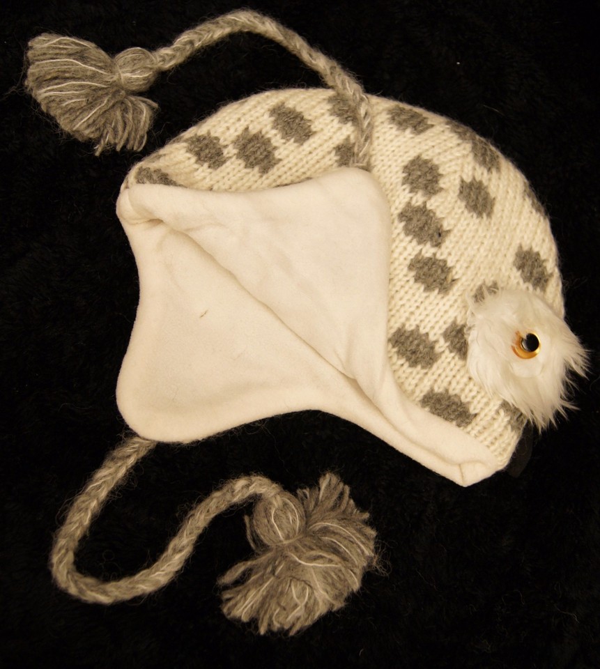 deLux spotted OWL HAT knit ADULT gray cap grey FLC LINED bird costume ...