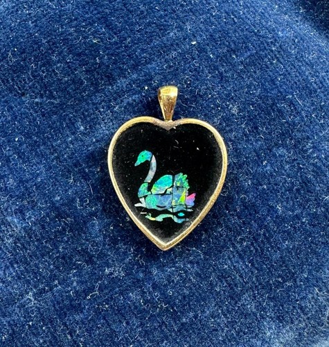 Art Deco Inlaid Black Opal Swan Heart Bird Pendant Necklace 14 Karat ...