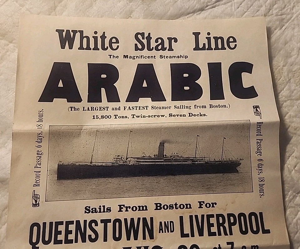 Original Early 1900s White Star Line Arabic Cruise Ship Travel Poster ...