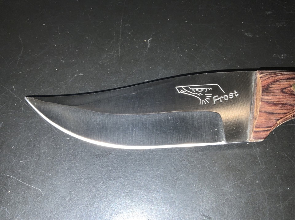 Frost Fixed 4” Blade Knife Falcon Wood Handles W/ Leather Sheath Very ...