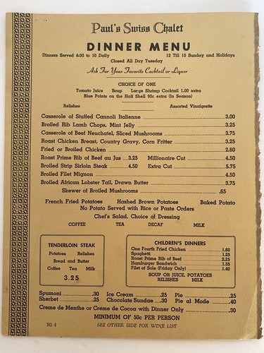 Vintage Paul's Swiss Chalet Dinner Menu Chicago, Illinois Restaurant ...