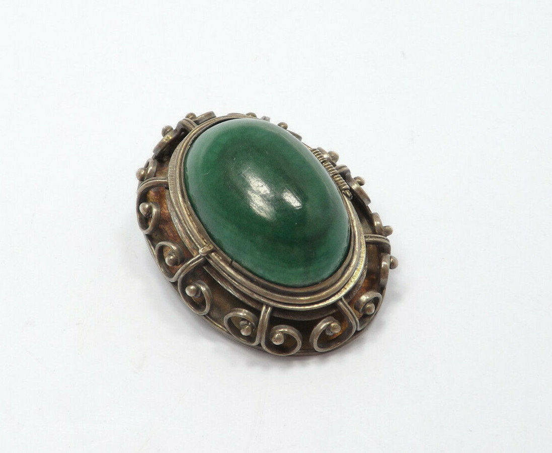 Antique Silver Ornate Border Malachite Oval Large Loc… - Gem