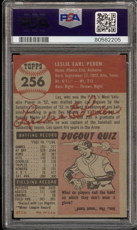 1953 Topps #256 Les Peden SP - PSA VG-EX 4 - Washington Senators ...